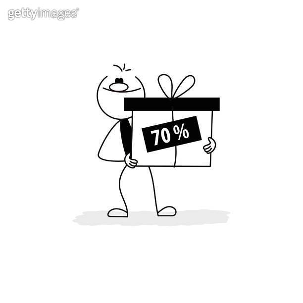 Doodle stick figure: Man holding gift box. Discount. (1185387929) - 게티이미지뱅크