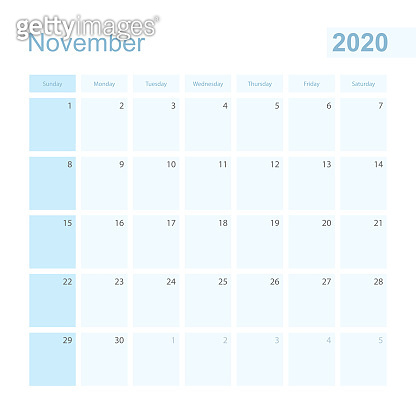 2020 November wall planner in blue color, week starts on Sunday ...