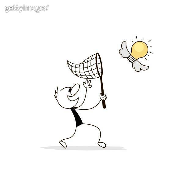 Doodle stick figure: man catches idea or light bulb. Business metaphor ...