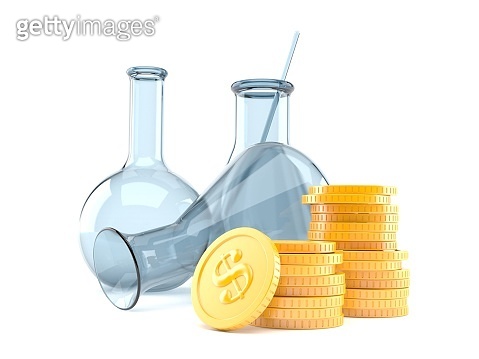 Chemistry flasks with stack of coins 이미지 (1134964650) - 게티이미지뱅크