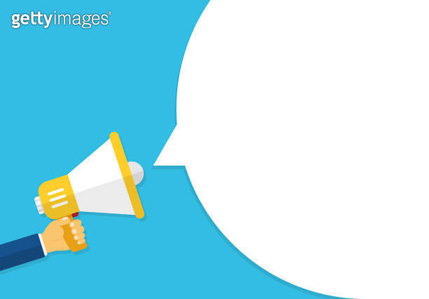Hand holds a megaphone. Dialog box, white bubble for social media ...