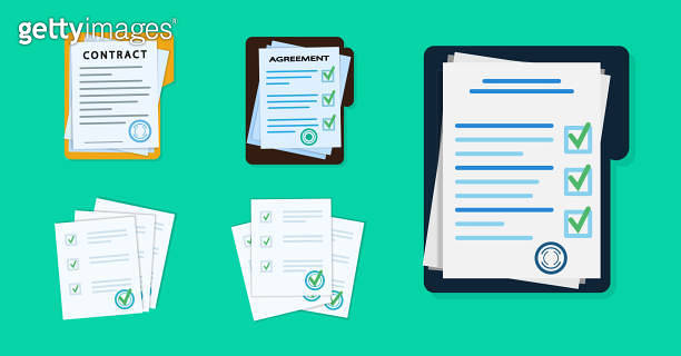 Stack of documents with signature and seal. Document. Agreement. Folder ...