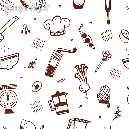 Kitchen seamless pattern, doodle style, restaurant cafe, chef, knife ...