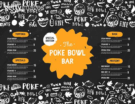 Poke bowl restaurant menu design. Colorful grunge cafe template ...