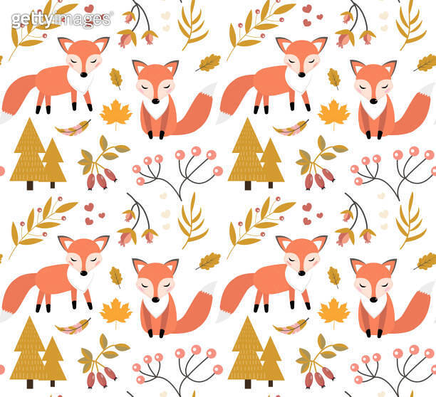 Cute fox in the autumn forest seamless pattern. little fox, autumn ...
