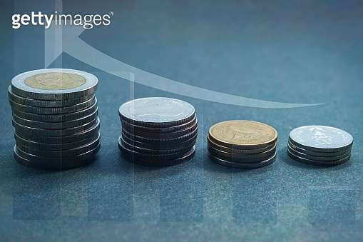 Graph of stack steps Thai baht coins, currency coin 1, 2, 5, and 10 ...
