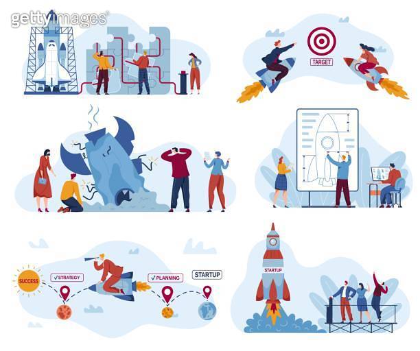 Business start up rocket, motivation concept vector illustration set ...