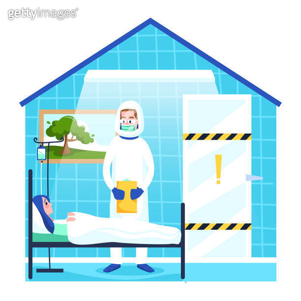 Girl on self-isolation during quarantine, vector illustration. In city ...