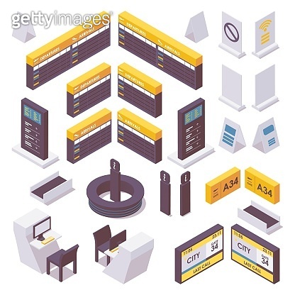 Isometric set of airport information desk, check-in desks and signs 이미지 ...