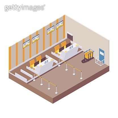 Airport indoor scene with check-in counters and baggage drop luggage ...