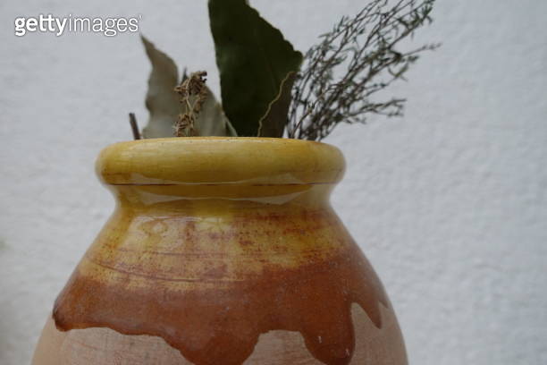 Laurel Thyme Fennel Aromatic plants in a ceramic container 이미지 ...