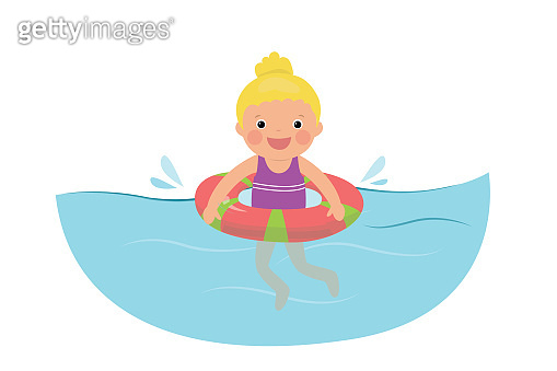 Cartoon girl floats on a rubber ring. Little girl swimmer in the ...