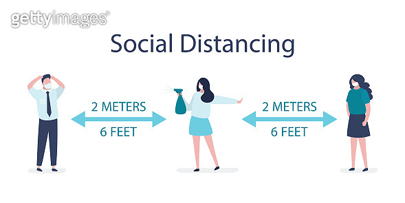 Social Distancing banner. Various people keeping distance for infection ...