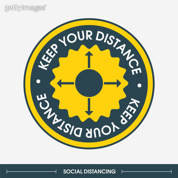 Social distance. Please keep your distance. Yellow Information stickers ...