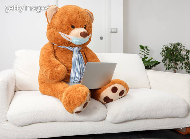 Giant plush bear with coronavirus mask, learns to use the portable ...