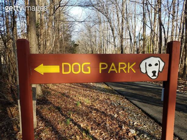wood dog park sign with yellow arrow and asphalt trail and trees ...