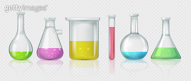 Set of Laboratory flasks, chemical glass tubes 이미지 (1223458580) - 게티이미지뱅크