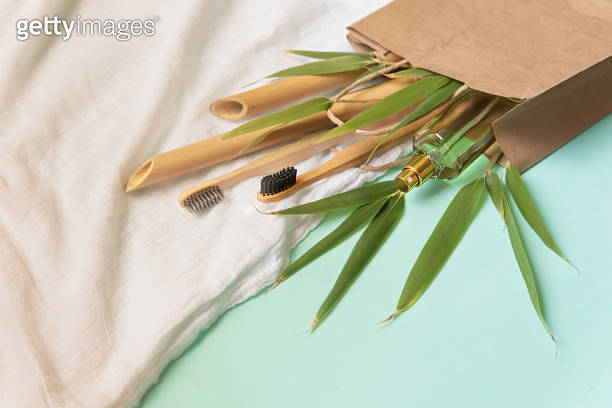 Eco friendly composition with toothbrush, paper bag, bamboo branches ...