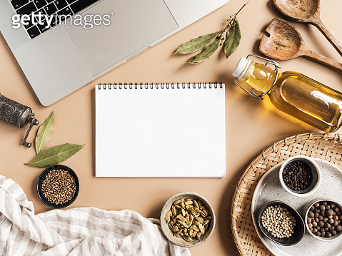 Kitchen notepad mockup for culinary text, laptop, oil in bottle and ...