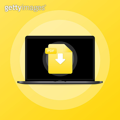 Laptop and download PDF file icon. Document downloading concept. PDF ...