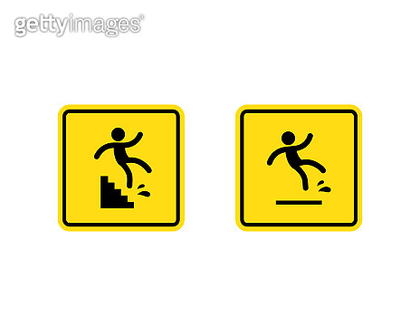 Caution symbols with stick figure man falling. Wet floor, tripping on ...