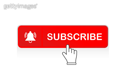 Red subscribe button with mouse pointer and notification bell icon flat in modern colour design ...