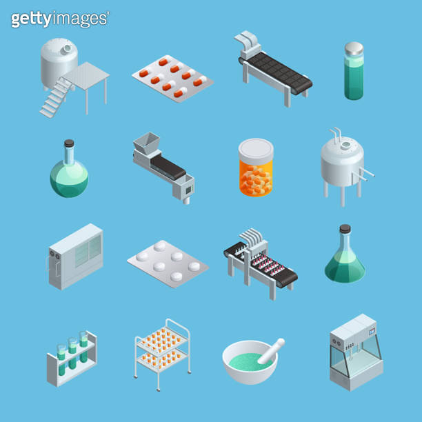 pharmaceutical production icons isometric 이미지 (1201143364) - 게티이미지뱅크
