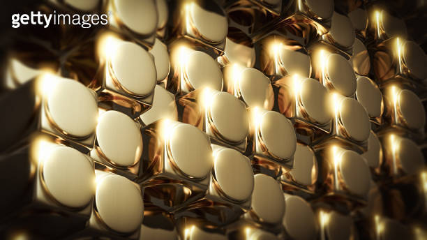 Abstract 3d rendering of golden square cylinder blocks surface ...