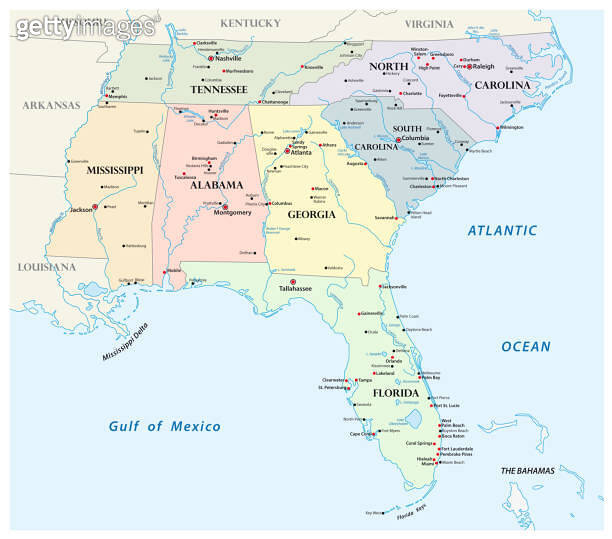 administrative vector map of the states of the Southeastern United ...
