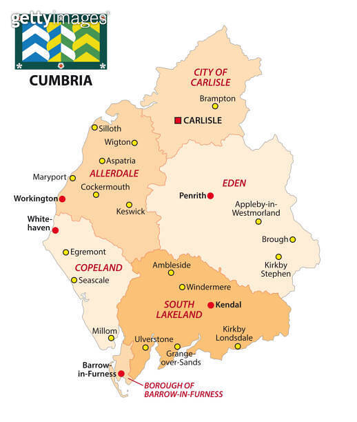 administrative vector map of the english county cumbria with flag ...