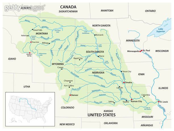 Vector map of the Missouri River Drainage Basin, United States, Canada ...