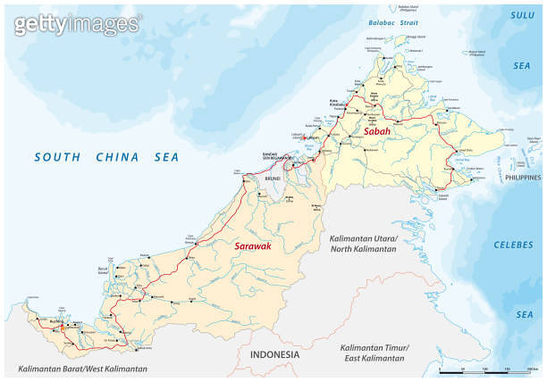 vector road map of the Malaysian states of Sarawak and Sabah on the ...