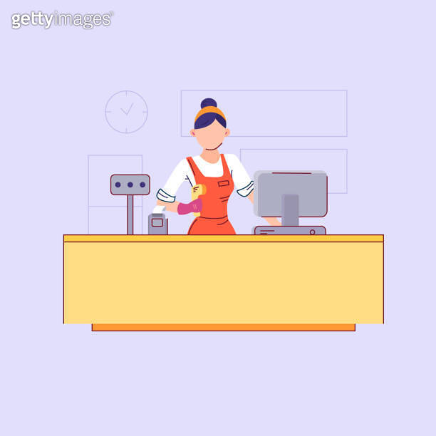 Cashier in red uniform stands behind checkout counter of grocery mall ...