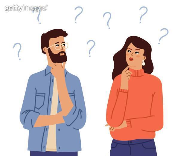Couple thinking. Confused people, doubt girl man with question marks ...