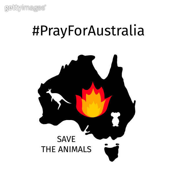 Pray for Australia vector illustration with Australian map in fire ...
