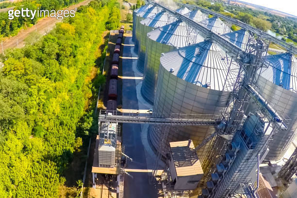 Flight of the grain terminal from the drone. The grain plant for ...