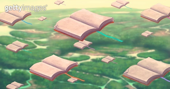Education dream and learning concept, imagination of flying books in ...