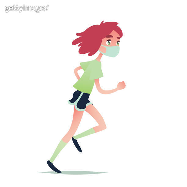 Masked girl runs. Vector illustration of young redhead girl runner in ...