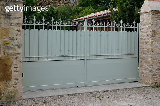 blue green steel gate house portal of a traditional european house 이미지 ...