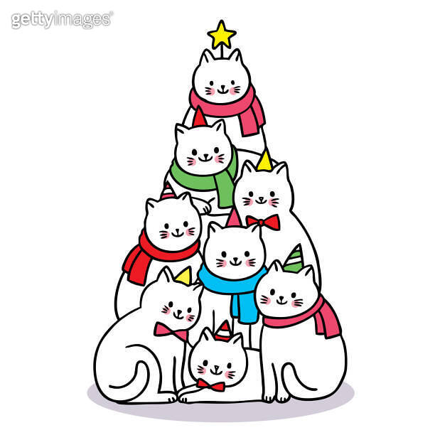Hand draw cartoon cute Merry Christmas, cats like tree christmas vector ...