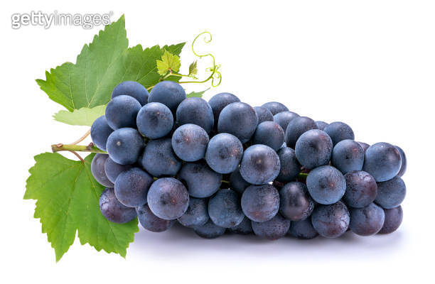 Kyoho Grape isolated on white With clipping path, Black Wine grape with leaves isolated on white ...