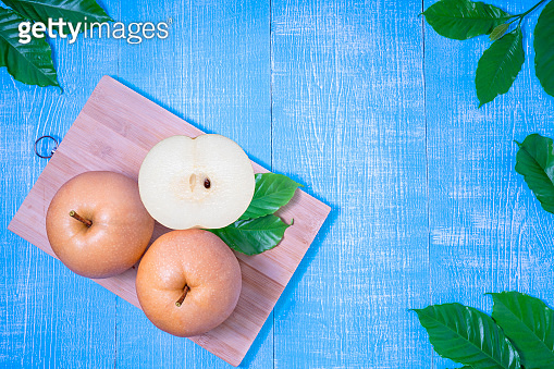 Snow pear or Korean pear on blue background, Nashi pear fruits ...