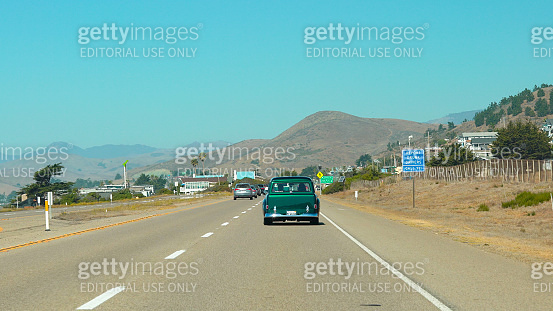 101 California highway. Scenic road, vintage car, mountains, and clear ...