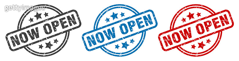 now open stamp. now open round isolated sign. now open label set ...