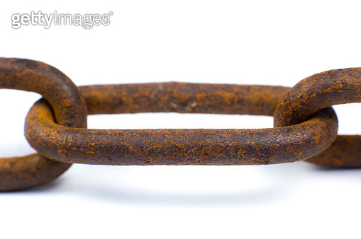 Rusty chains on white background. Close up photo."nSymbol of the ...