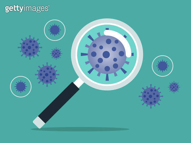 Illustration of coronavirus cells enlarged under magnifying glass 이미지 ...