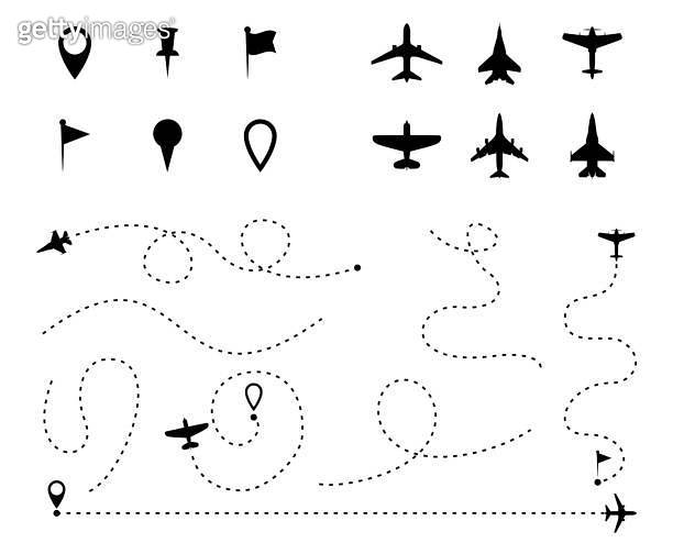 Airplane route set, dashed line trace and plane routes isolated on ...