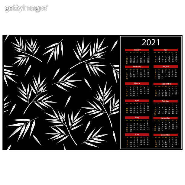 Natural calendar for 2021 with the image of branches with bamboo leaves ...