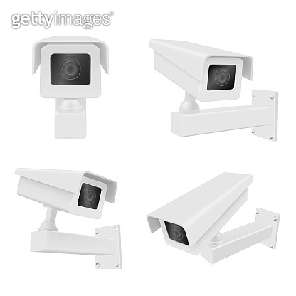 Surveillance camera realistic set. Front, side view. Security, watching ...
