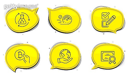 Chemistry experiment, Speedometer and Bitcoin pay icons set. Checkbox ...